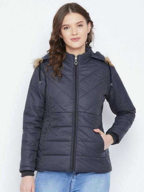 Buy ONNIT Women's Navy winter wear full sleeve solid parka Jacket ...