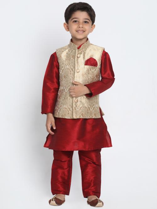 Buy Vastramay Boys' Maroon and Gold Silk Blend Jacket, Kurta and Pyjama Set Online at Best ...