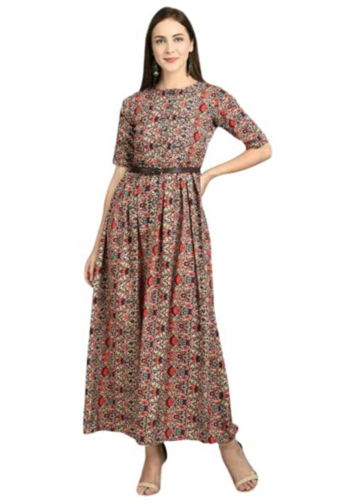 Buy Helwin Designer Women Floral Printed Cotton Maxi Dress With Belt ...