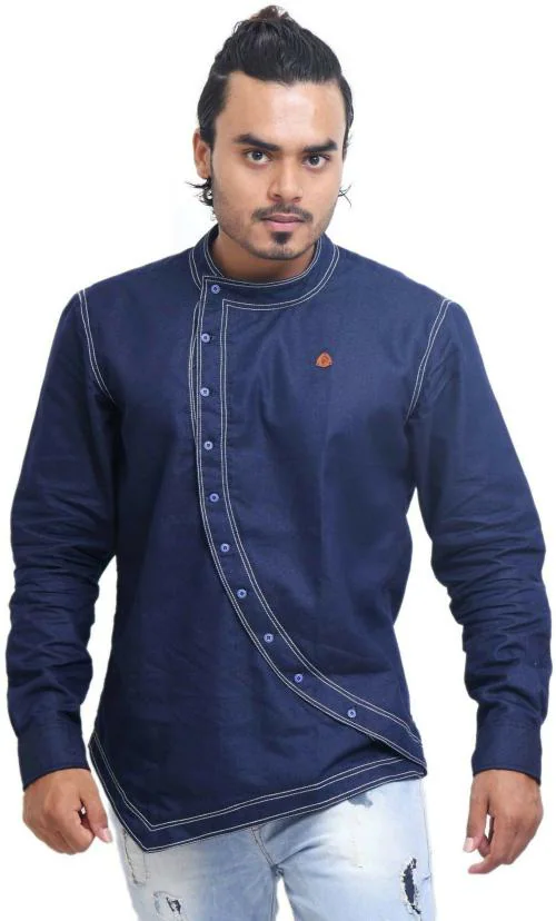 Buy PP SHIRTS Men Blue Solid Denim Regular Fit Mandarin Collar Casual ...