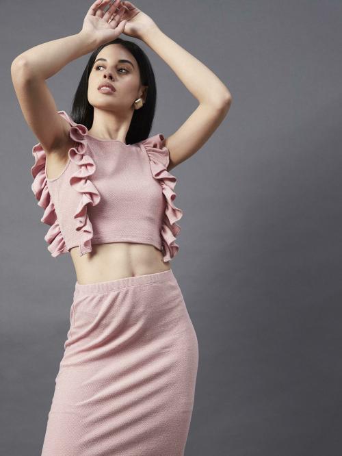 Buy Rigo Women Peach Ruffle Shimmering Sleeveless Co-Ord Set Online at ...