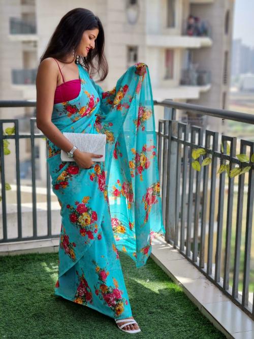 Buy Anand Women Light Blue Floral Georgette Single Saree Online at Best ...