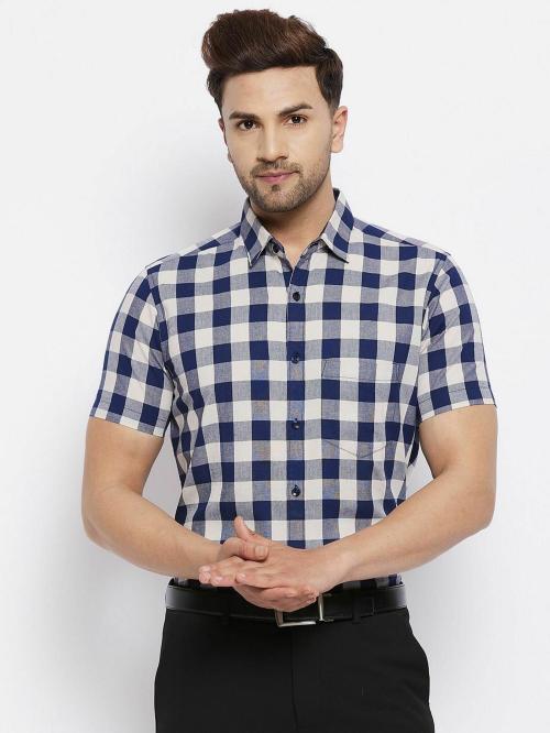 Buy D Kumar Men's Pure Cotton Navy Checks Half Sleeves Regular Fit ...