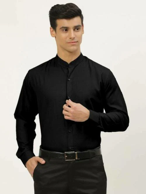 Buy MILDIN Men Slim Fit Solid Mandarin Collar Casual Shirt Black M ...