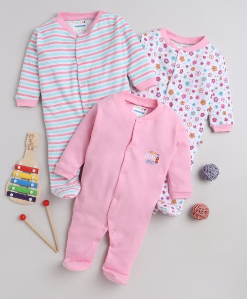 Buy BUMZEE Pink & White Baby Girls Full Sleeves Sleepsuit Pack Of 3 Online at Best Prices in ...