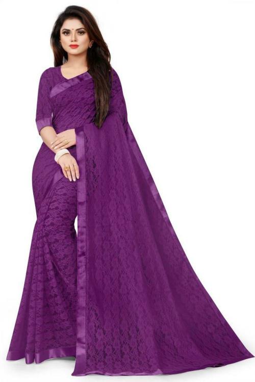 Buy VANRAJ CREATION Women Purple Self Design Net Saree Online at Best ...