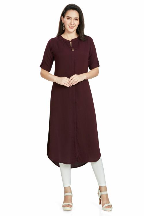 Buy nioni Women Straight Fashionable Round Neck kurta with Folded Sleeves / Plain Kurti (Wine ...