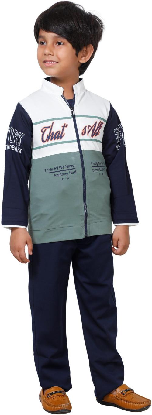 Buy Dkgf Fashion Boys Green Printed Cotton Blend Casual Jacket Trouser ...
