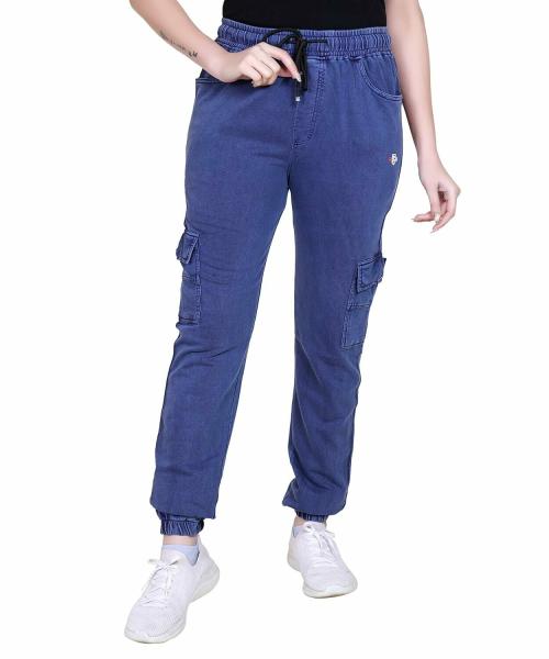 Buy Road Bumps Women Blue Looper Knit Denim Cargo Jogger | Women's ...
