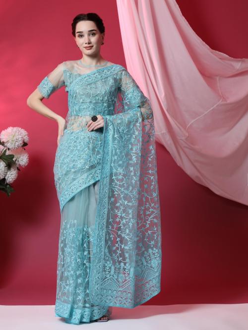 Buy IrisTheStudio Women Light Blue Net Temple Border, Embroidered ...