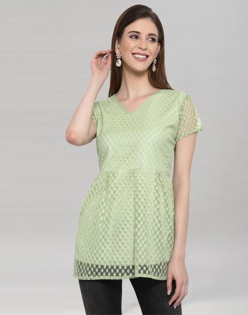 Buy Selvia Women Light Green Self Design Net Top | tops for women ...