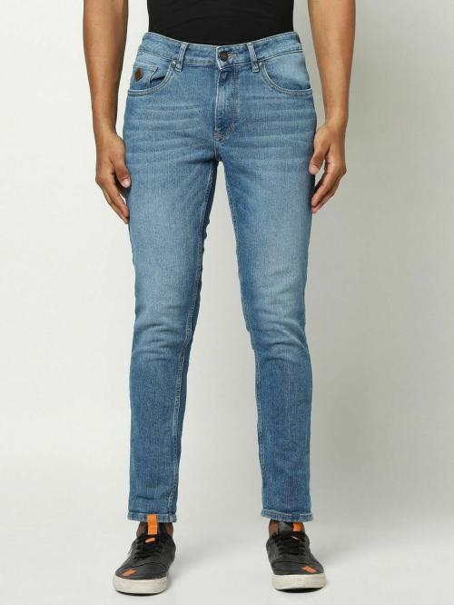 Buy Blue Buddha Men's Mid Blue Pure Cotton Ankle Fit Solid Jeans Online ...