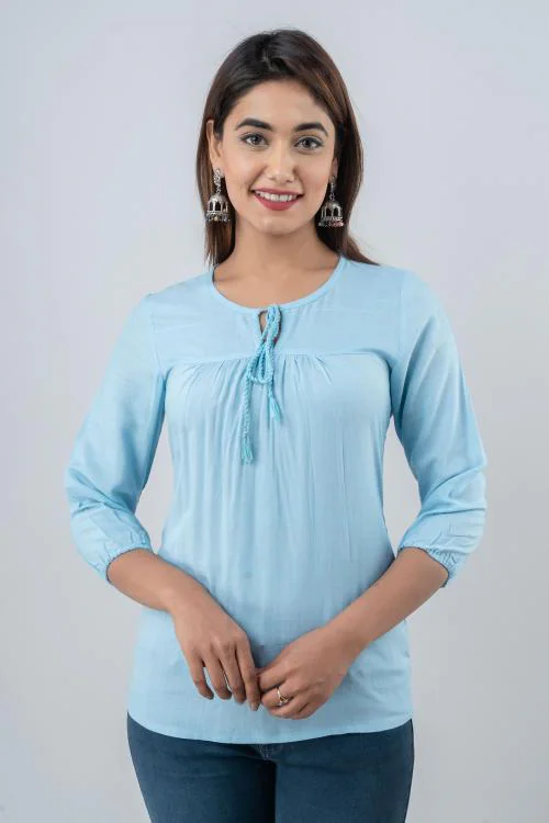 Buy MF Hayat Casual Regular Sleeves Solid Women Blue Top (Women Top ...