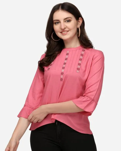 Buy 14 Fab Women Rayon Fabric Embroidered Pink Color top For women ...