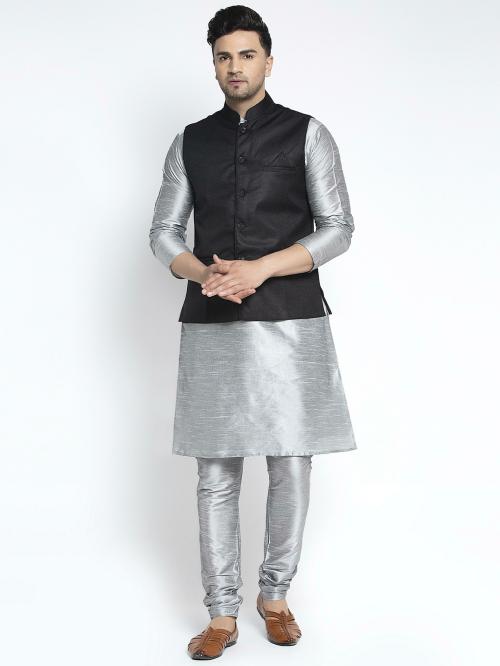 Buy Benstoke Men's Silk Blend Grey Kurta With Pyjama & Black Nehru ...