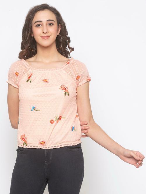 Buy GLOBUS Women Peach Embroidered Polyester Top Online at Best Prices ...
