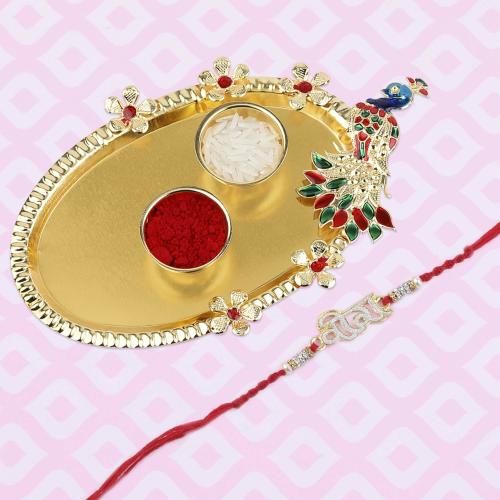 Buy Silver Shine Red Gold Mauli Thread Thali And Rakhi Combo Pack (Pack ...