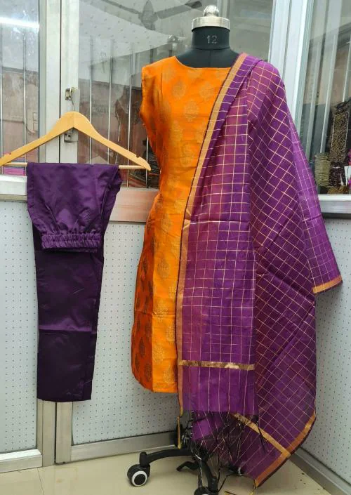 Buy Eilara Women's Silk Blend Orange Straight Kutra, Pant with Dupatta ...