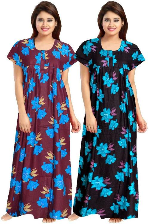 Buy Mudrika Women Multicolor Floral Pure Cotton Pack of 2 Nighty Online ...