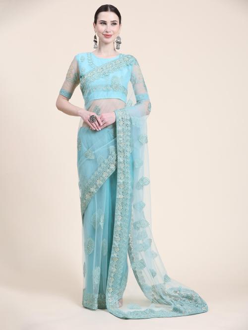Buy IrisTheStudio Women Light Blue Net Embroidered Bollywood Saree ...