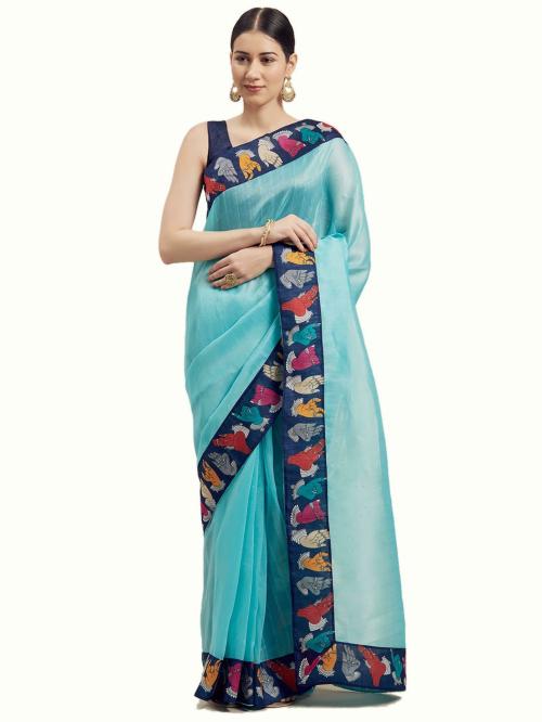 Buy Suntex Women Turquoise Solid Silk Blend Single Sarees Online at ...