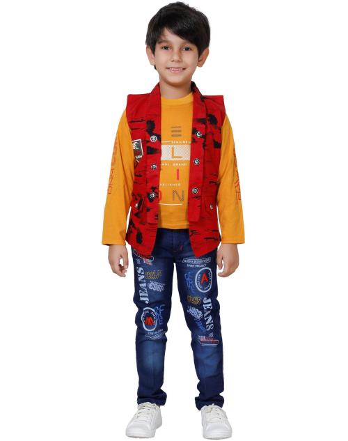 Buy Dkgf Fashion Boys Yellow Printed Cotton Blend T-shirt, Jeans And ...