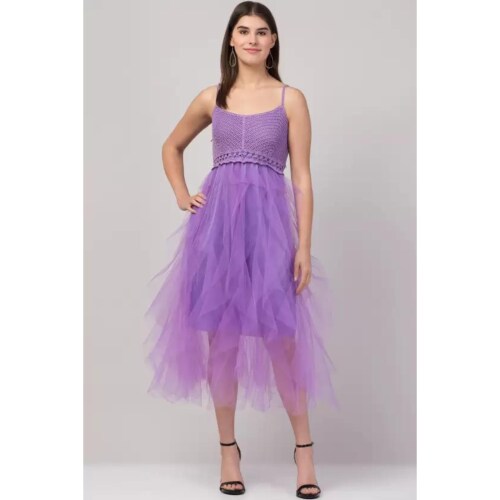 Buy Famiss fashion Net Solid Sleeveless Calf Length Midi Fit and Flare ...