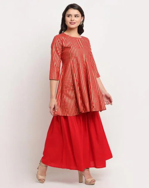 Buy The Mini NEEDLE Gotta Patti Red Strip Kurti with Sharara Set-Large ...