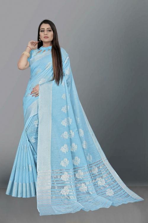Buy sareya veela Bollywood Women Light Blue Woven Design Cotton Blend ...