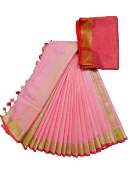 Buy Radiant Fashion Women Red Gajri Pink Linen Slub Saree With Contrast ...