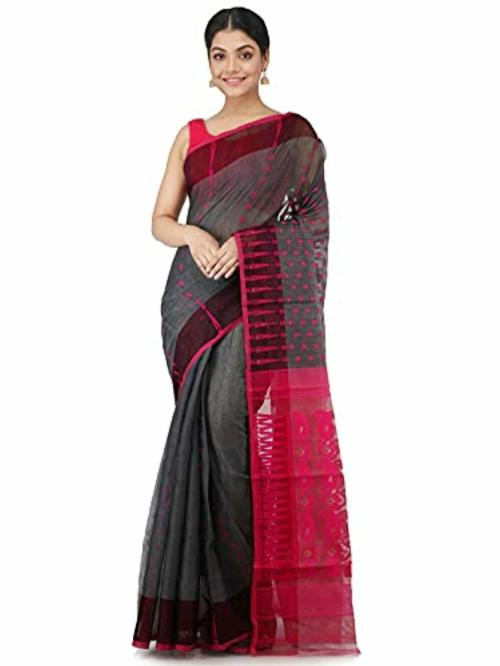 Buy PinkLoom Women Grey Handloom Pure Cotton Jamdani Saree Without Blouse Piece Online at Best ...
