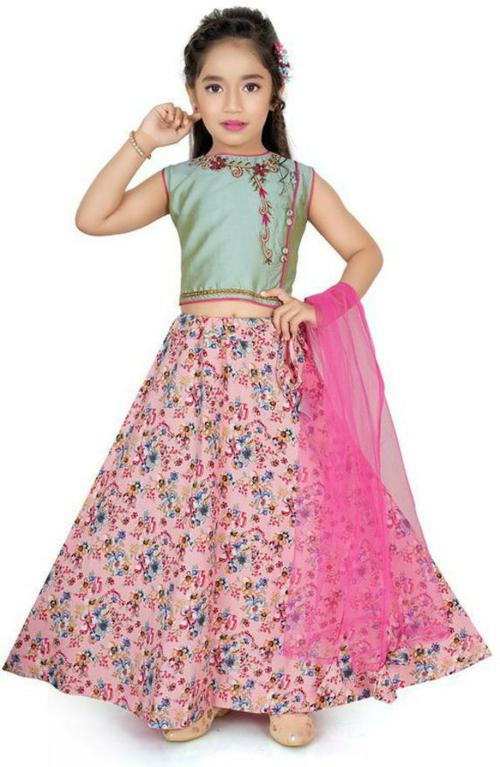 Buy AKRAM GARMENT Girls Mint, Pink Floral Print Polyester Lehenga, Choli and Dupatta Set (10 to ...