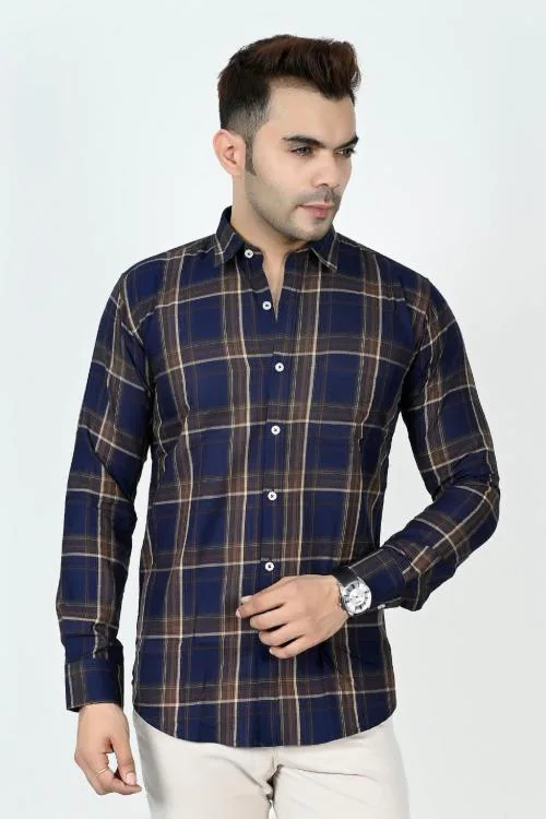 Buy STITCHING ART Dark Indigo Checks Men's Shirt (Brown Blue) Online at ...