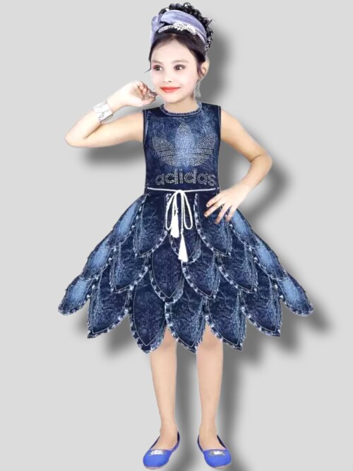 Buy Vivek girls stylish leaf cut design blue color denim frock Online ...