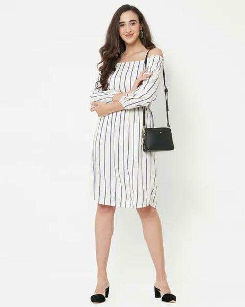 Buy Papa Brands Women White Striped Viscose Shift Dress Online at Best ...