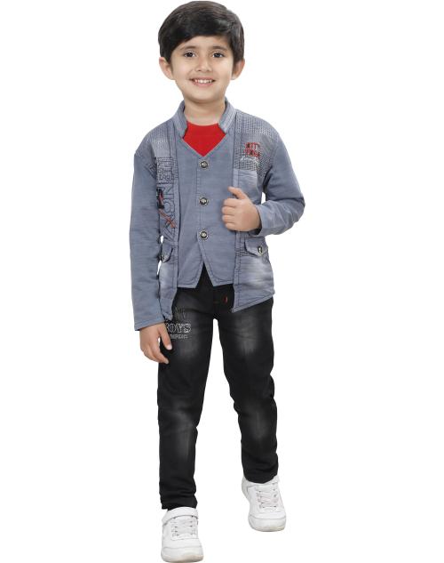 Buy Dkgf Fashion Boys Grey Solid Cotton Blend T-shirt, Jeans And Jacket ...