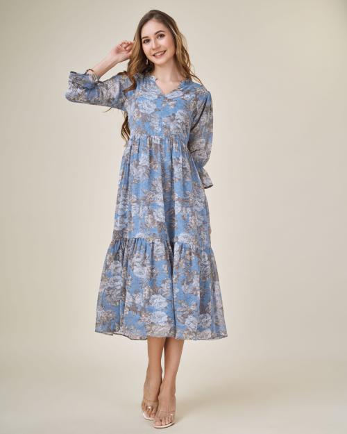 Buy MOJILAA Women's Blue Georgette Floral Printed Tiered Dress With ...
