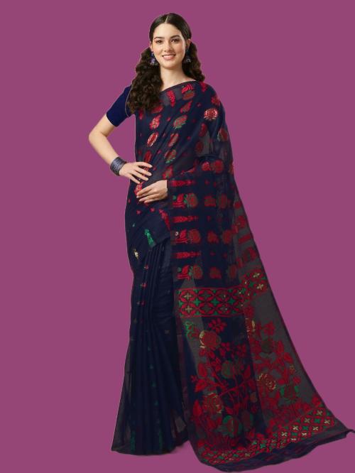 Buy LOOKARENA Women Navy Blue Woven Design Cotton Silk Jamdani Saree ...