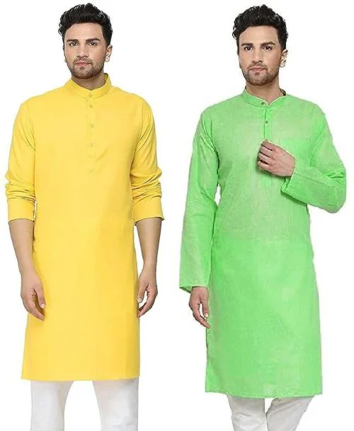 Buy Golazo Men Haldi, Neon, Green Solid Cotton Blend Straight Kurta ...