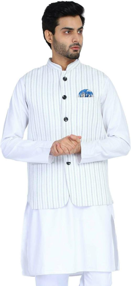Buy Tahvo Men Grey Striped Cotton Blend Nehru Jacket (38) Online at ...