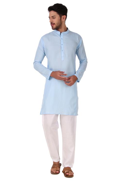 Buy Preen Men Sky Blue Solid Cotton Blend Kurta and Pyjama Set Online ...
