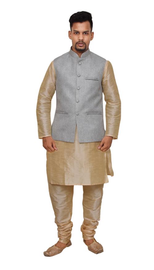 Buy HFP Men's Gold Matching Silk Kurta Churidhar With Gray Joot ...