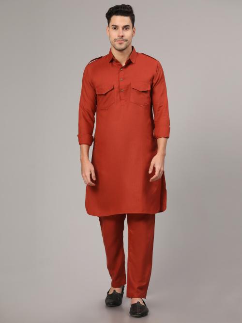 Buy IrisTheStudio Men Orange Cotton Blend Solid Pathani And Pant Set ...