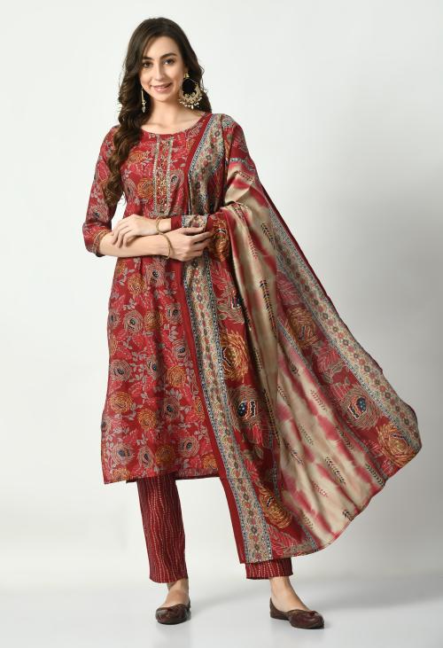 Buy S MAJIDA Red Ethnic motif Printed Kurta Set for Women with Dupatta ...