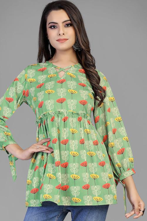 Buy I FABRICS GLOBE MASTER Women Green Floral Print Crepe Tops (XXL ...