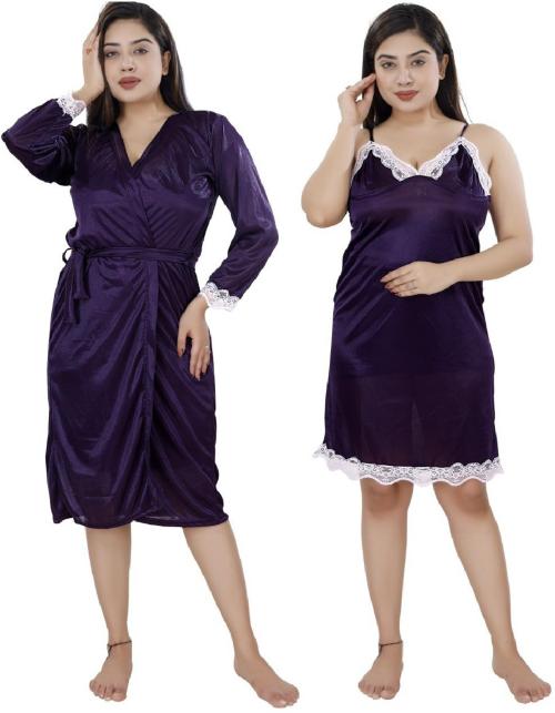 Buy Loody'S Women Purple Lace Pure Satin Set Of 2 Night Dress Nighty ...