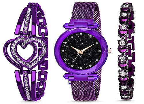 Buy Varni Retail Latest 12 Diamond Purple Magnetic Buckle Watch With ...