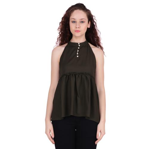 Buy Popwings Casual Sleeveless Halter Neck Pearl Buttons Olive Women ...