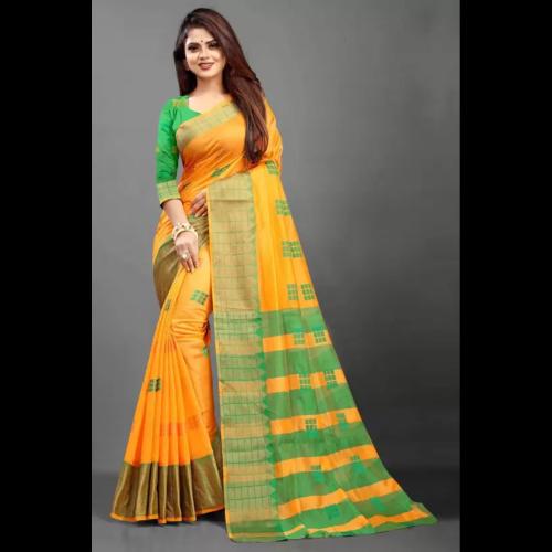 Buy AAGAM FASHION Woven Kanjivaram Cotton Linen Saree (Gold) Online at ...