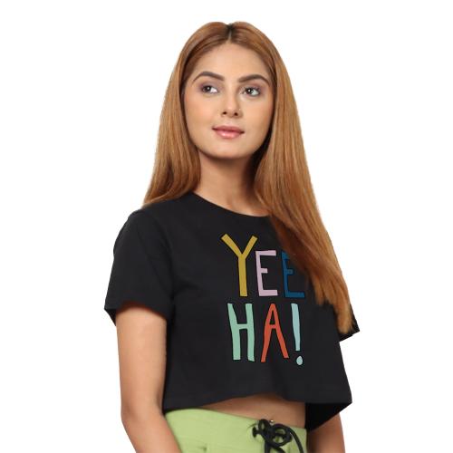 Buy ALY & VAL Printed Causal Yee Haa! Crop top For Women, Black - Medium Online at Best Prices ...